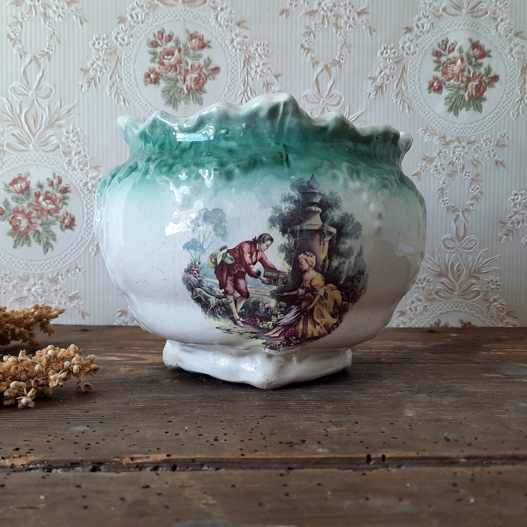 Majolica Jardiniere Cache Pot Polychrome Romantic Scene Pottery, French ...