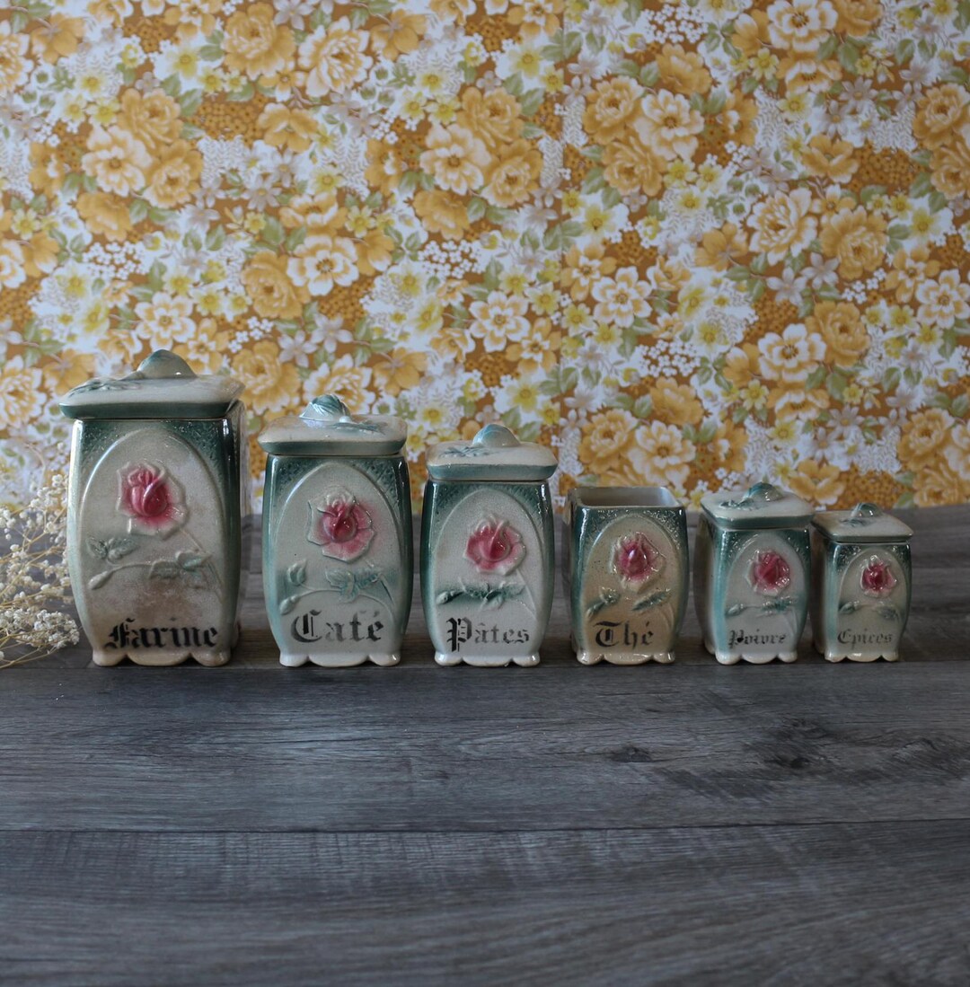 Set of 6 French Antique Majolica Beige Kitchen Canister Set, Storage ...