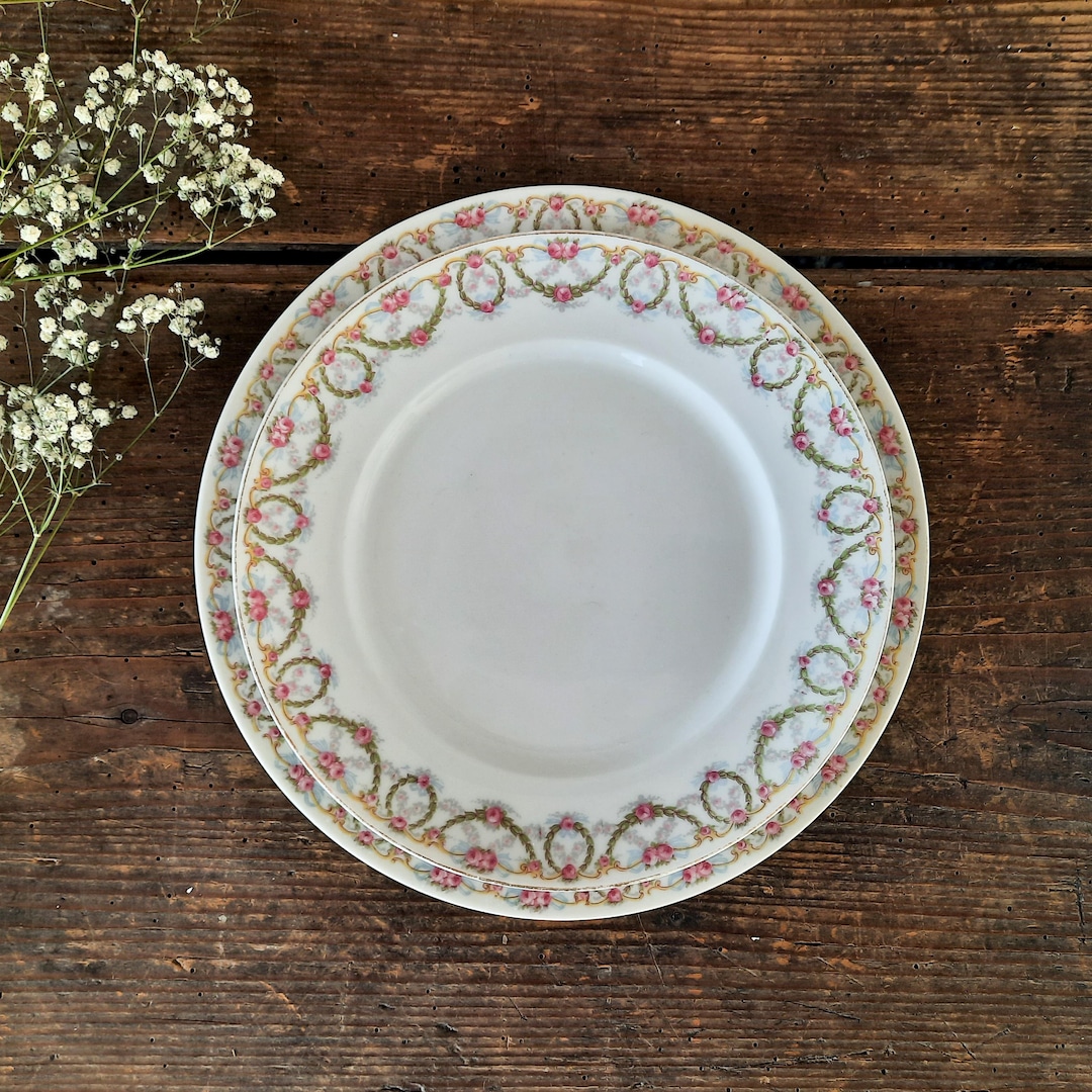 Set of 2 Antique Serving Plates White Porcelain With Pink Roses Garland ...