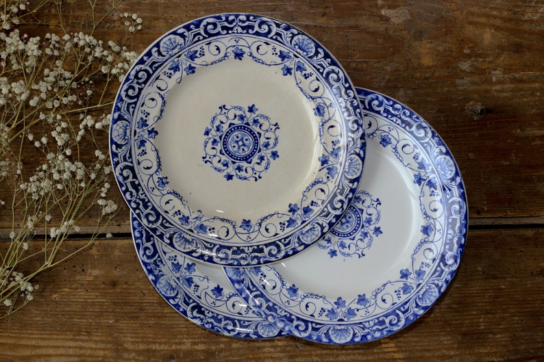 Antique Longwy Terre De Fer Plates Set of 3, Blue Transferware Louis XV ...