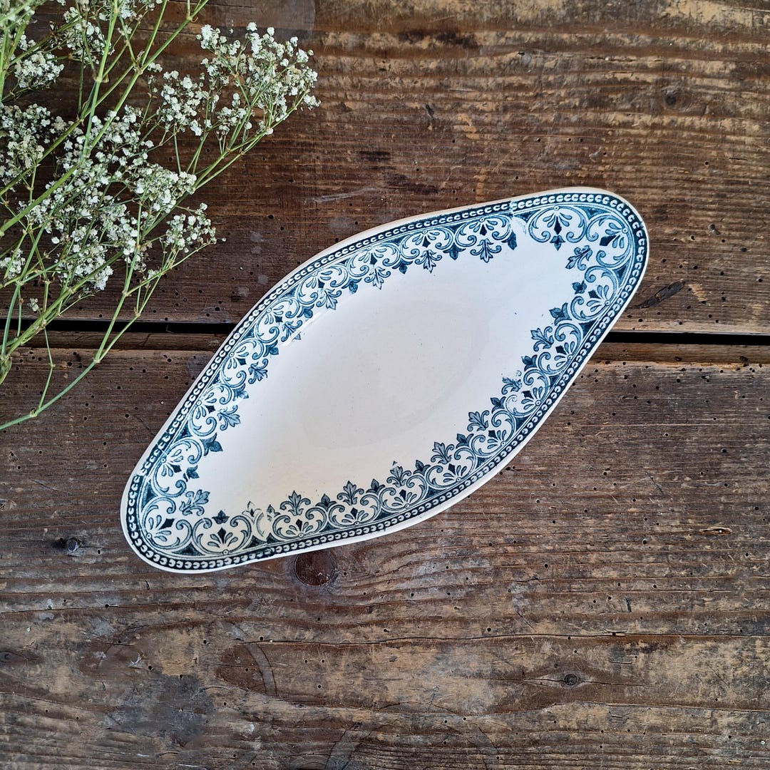 French Antique Blue Transferware Serving Bowl Badonviller Oriental ...