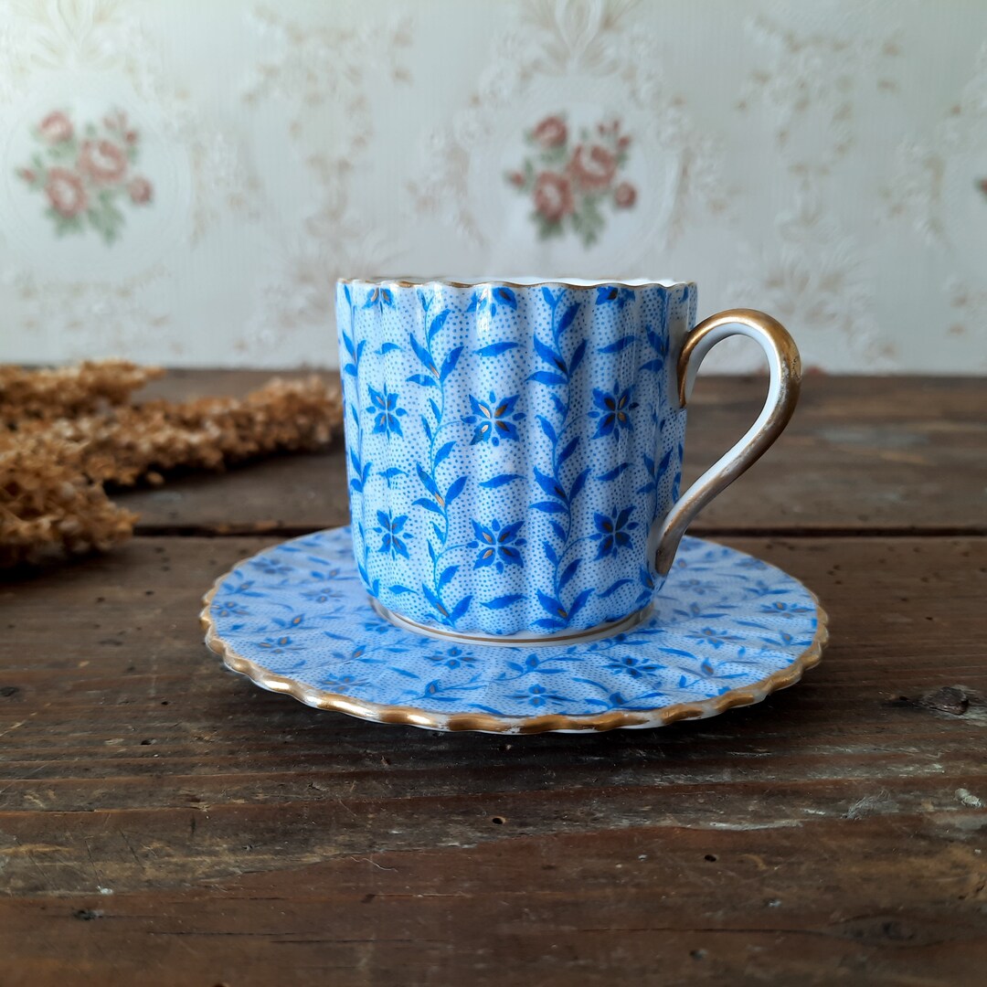 French Antique Blue Flowers SARREGUEMINES Cup and Saucer Floral Pattern ...