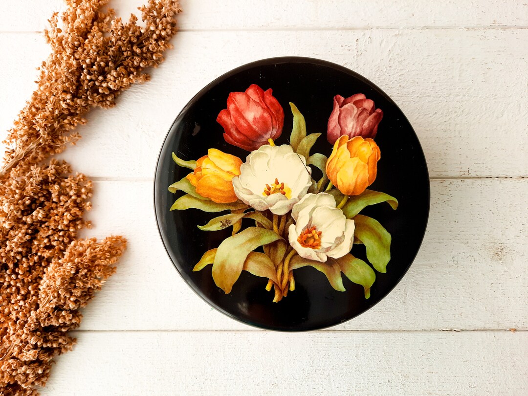 Large Black Biscuit Tin Box With Flowers , Round Box, Lithographed Box ...