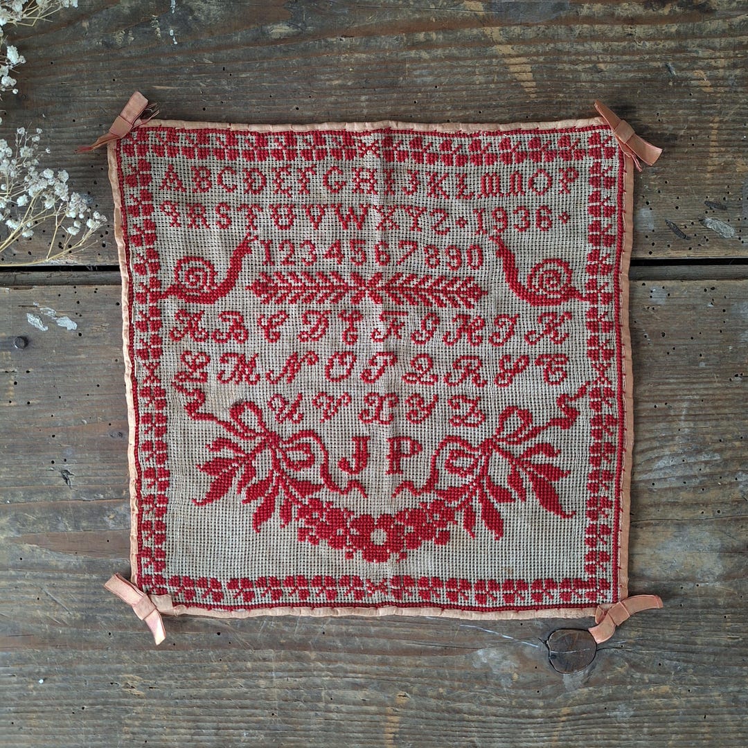 Antique French Cross Stitch Sampler 1936 Red Embroidery Alphabet ...