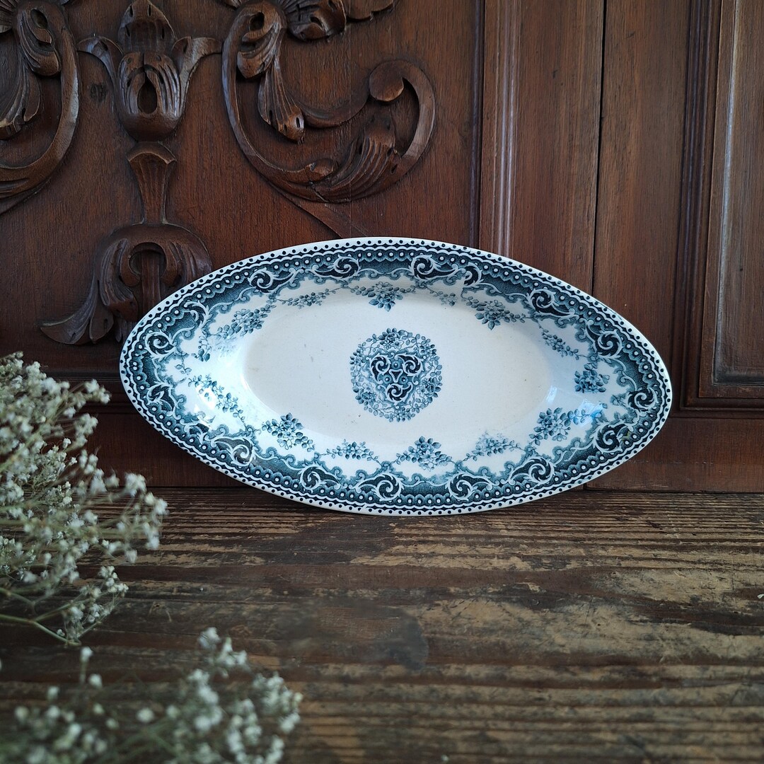 Antique French Blue Transferware Ironstone Oval Dish Trianon Paris ...