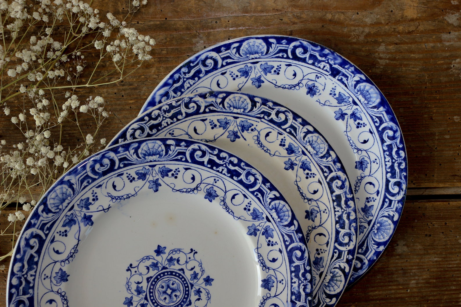 Antique Longwy Terre De Fer Plates Set of 3, Blue Transferware Louis XV ...