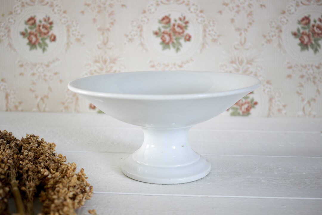 White Round Compote on Pedestal Limoges France, Ironstone Fruit Bowl ...