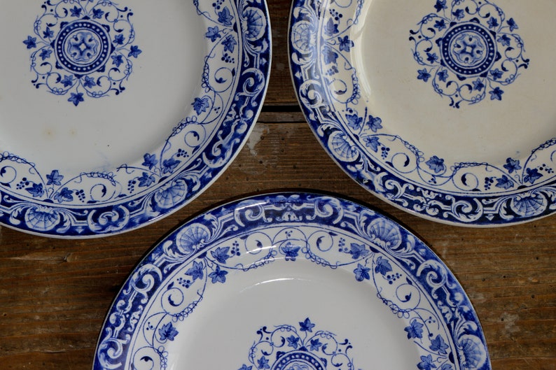Antique Longwy Terre De Fer Plates Set of 3, Blue Transferware Louis XV ...