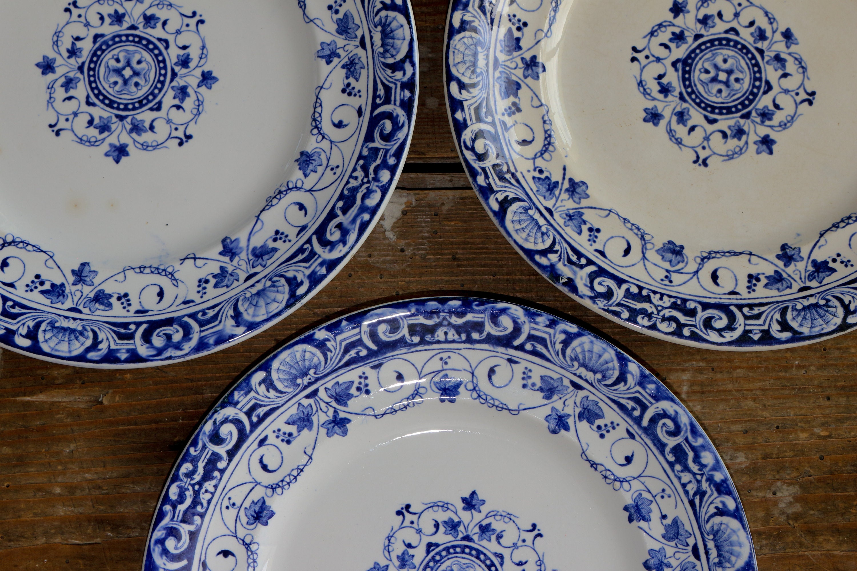 Antique Longwy Terre De Fer Plates Set of 3, Blue Transferware Louis XV ...