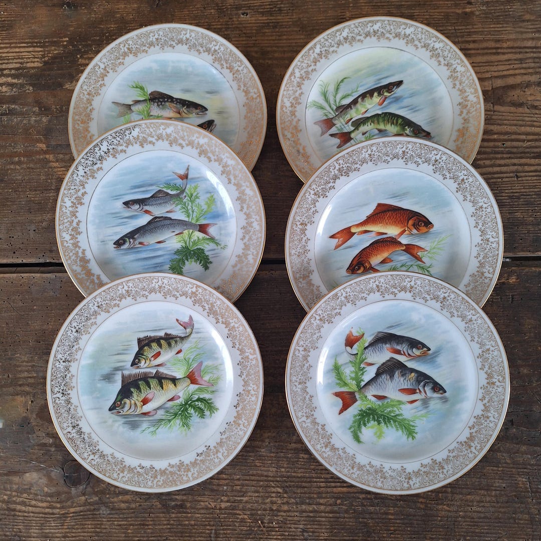 Set of 6 Limoges Fish Plates by Theodore Haviland France, Transferware ...