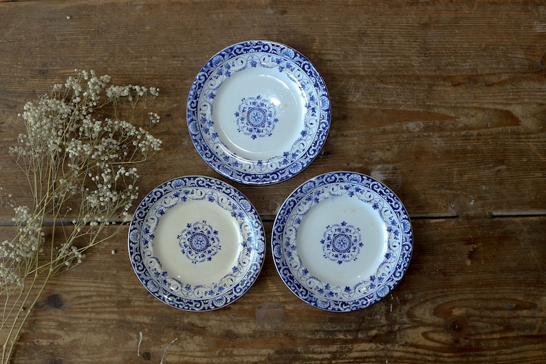 Antique Longwy Terre De Fer Plates Set of 3, Blue Transferware Louis XV ...