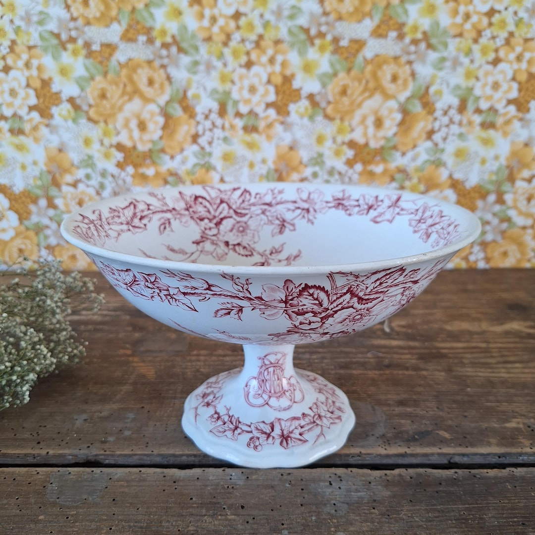 Red Transferware Compote Dish With Monogram BWM & Co Brown Westhead ...