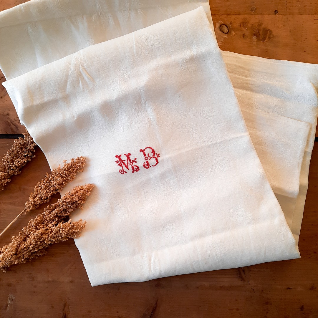 Large Rectangular Damask Linen Tablecloth With Red Monogram MB, French ...