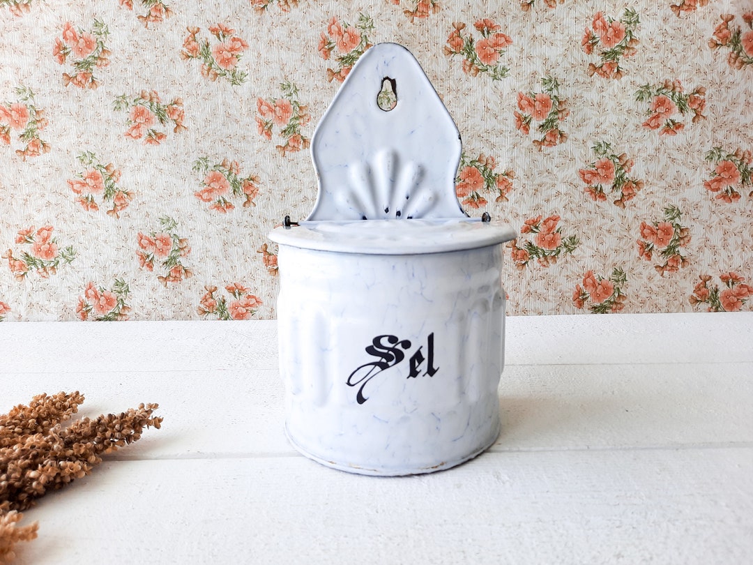 French Antique White and Blue Marble Enamel Salt Box, Salt Keep, French ...