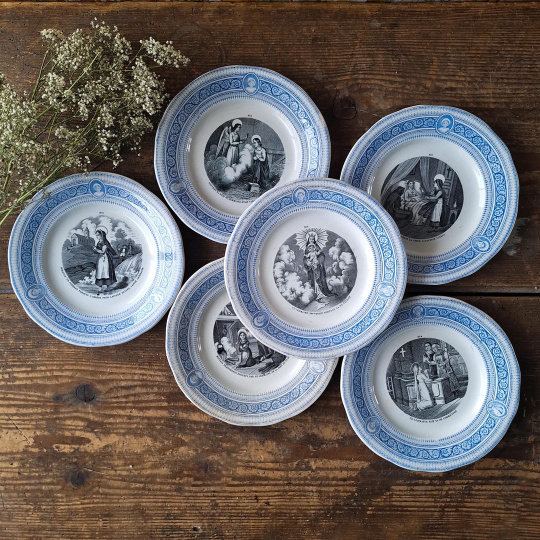 Set of 6 Antique French Religious Talking Plates, Blue Transferware by ...