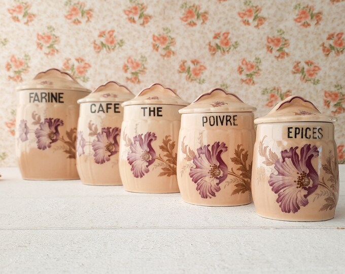 Art Nouveau Beige and Purple Flowers Canister Set, Storage Utensils ...