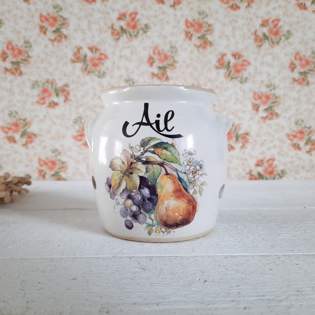 French Vintage Ail Garlic Pot, Rustic Ceramic Kitchen Storage Jar ...