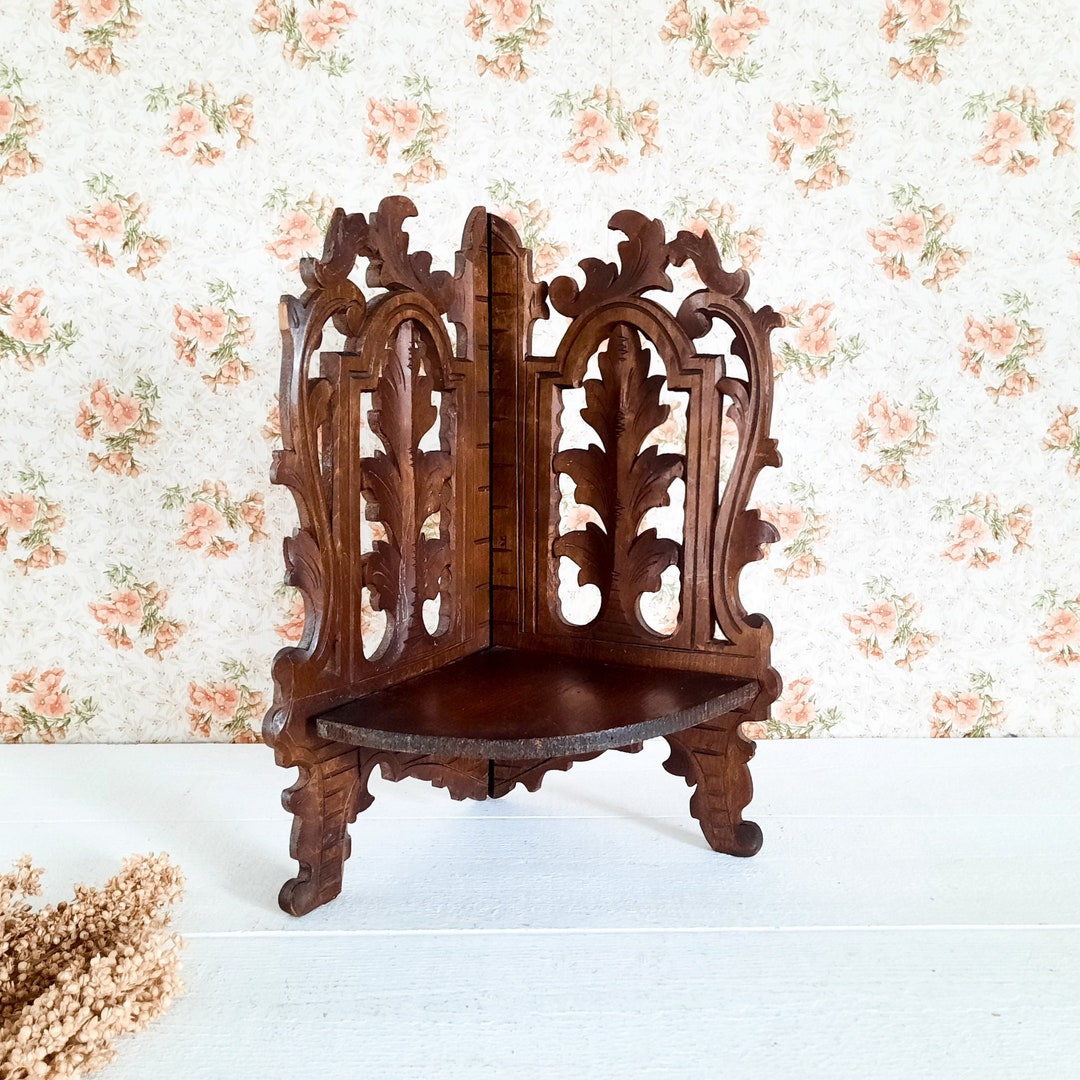 Vintage Foldable Wooden Corner Shelf, Intricate Carved Shelf, Corner ...