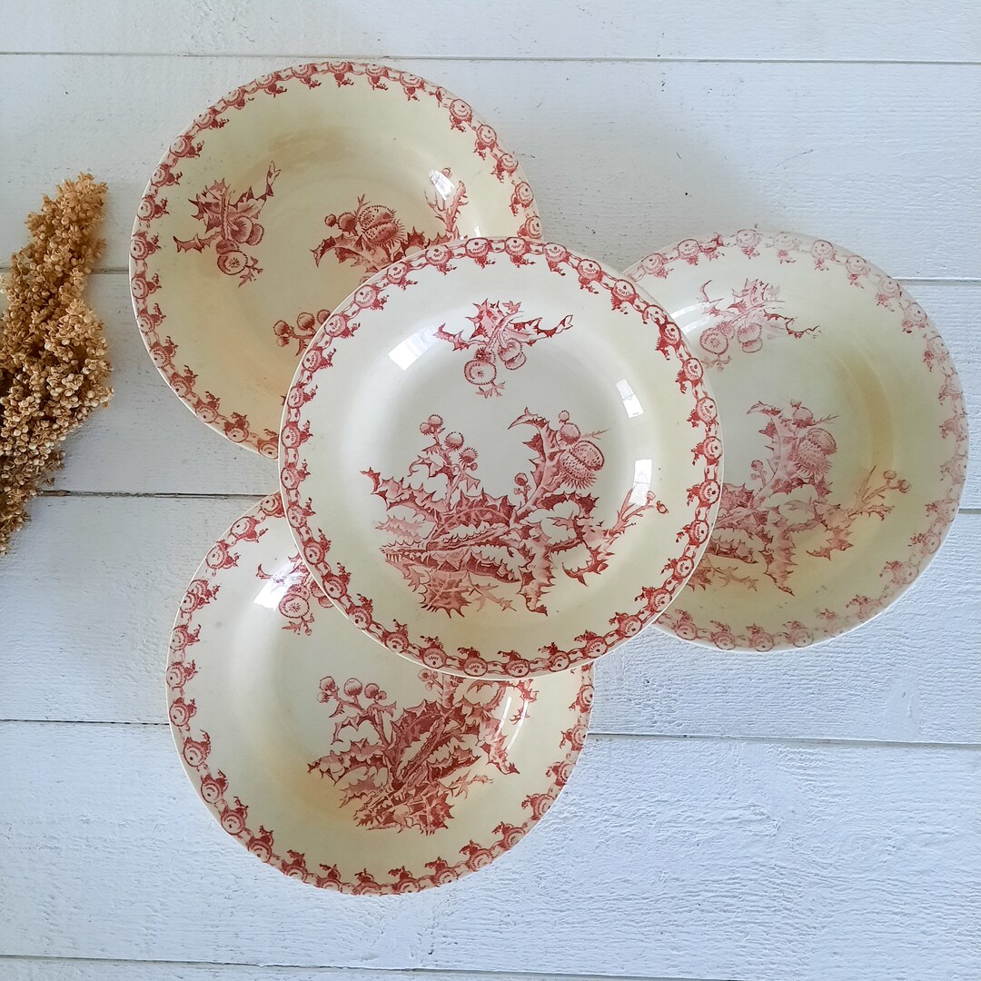 Antique GIEN Ironstone Plate Chardons Thistle Pattern Red Transferware ...