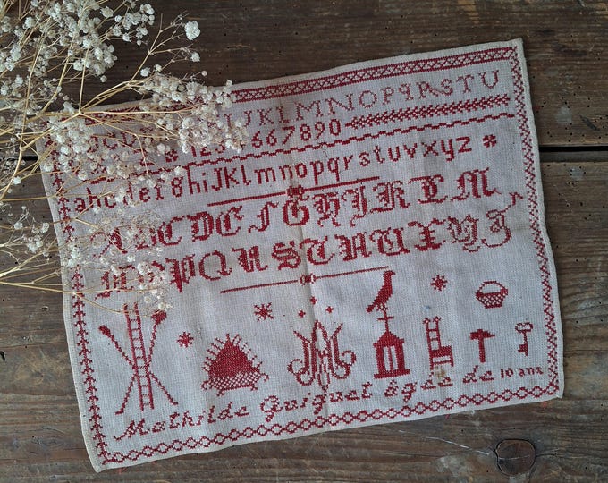 Vintage French Redwork Alphabet Sampler, Signed by Mathilde Guiguet - Etsy