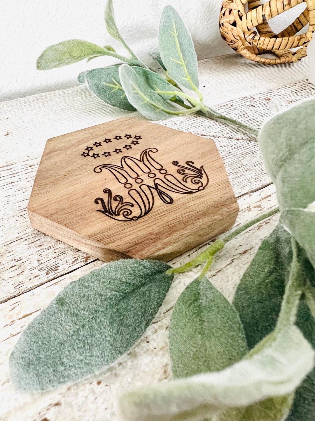Engraved Marian Wood Hexagonal Drink Coaster | JMJ | Catholic Home ...