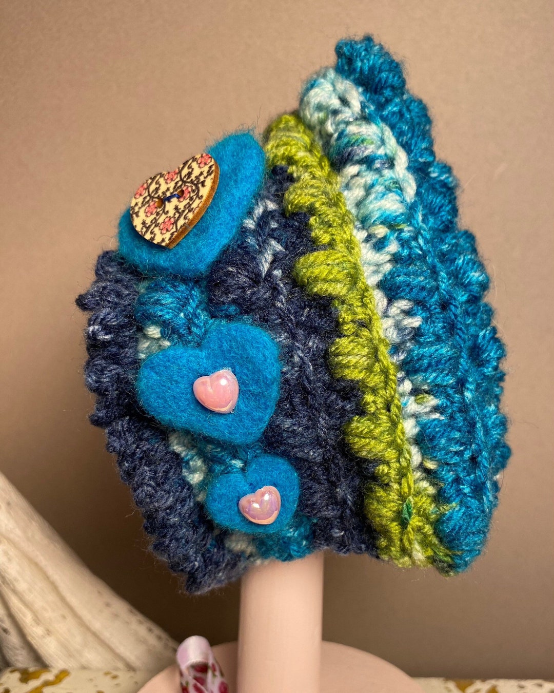 Crocheted Doll Hat: Teal Pixie Bonnet With Felted Hearts - Etsy
