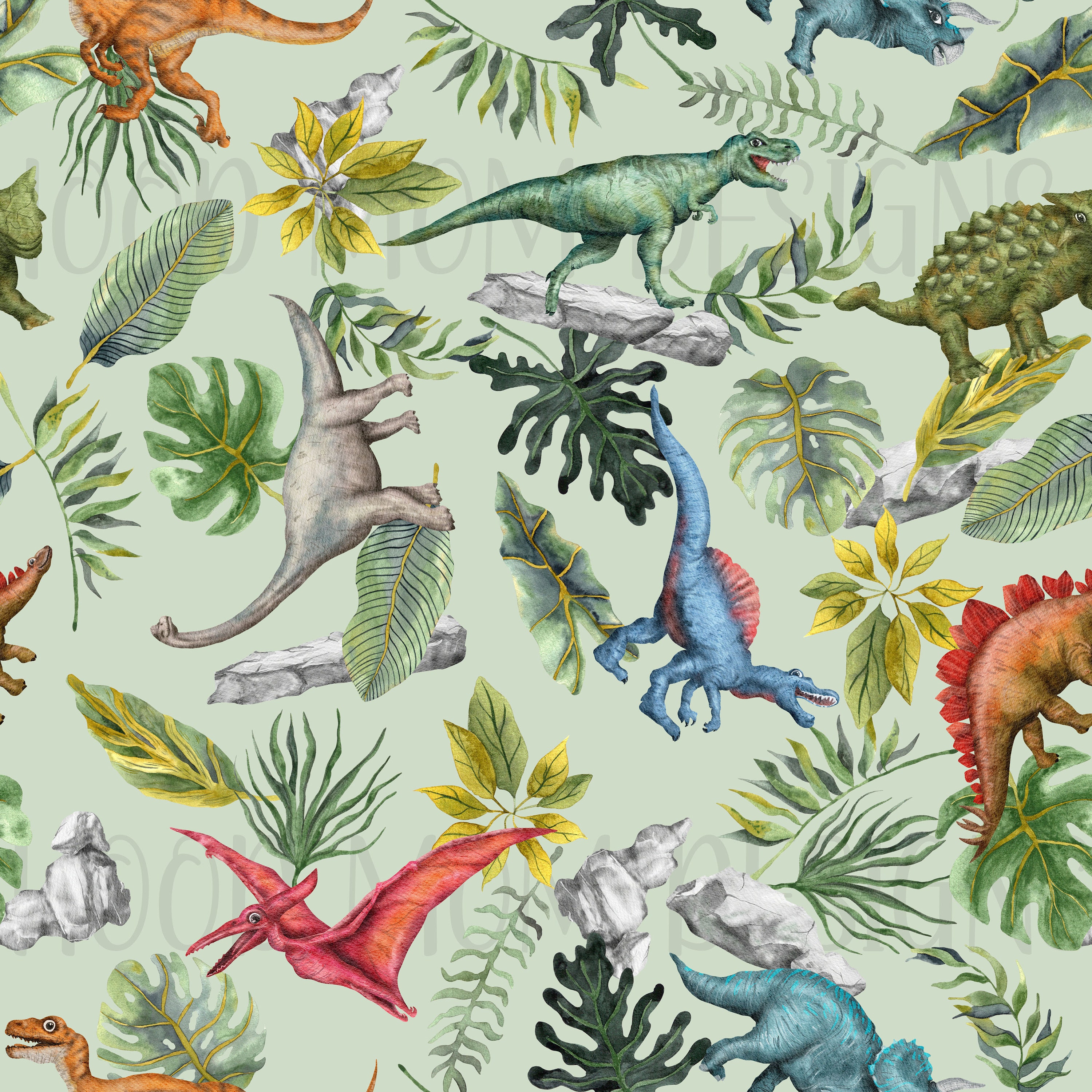 Dinosaurs Jungle Greenery, Green Background Seamless Pattern - Etsy