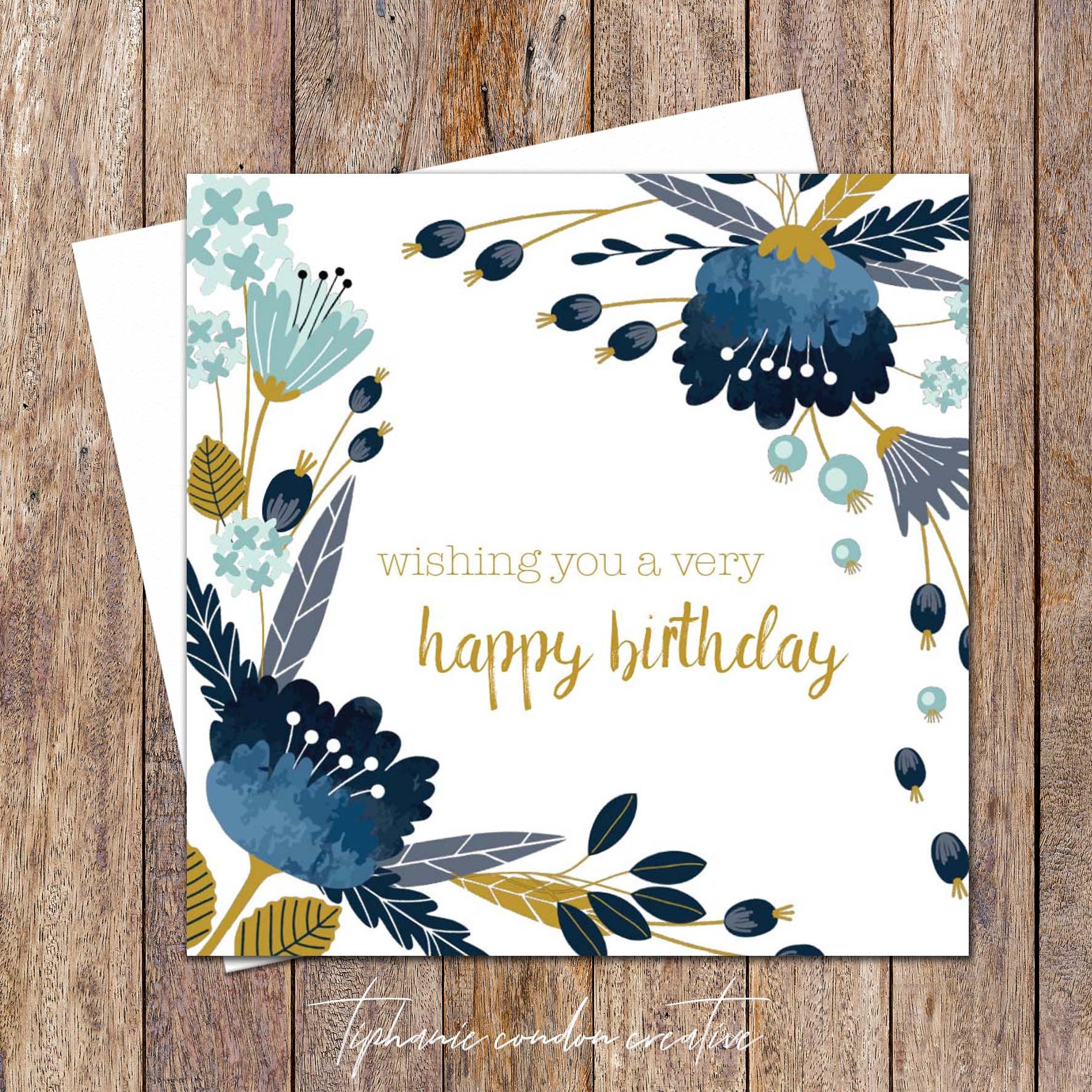 Happy Birthday Card. Blue Gold Floral Birthday Card. Birthday - Etsy