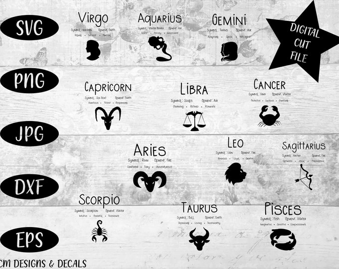 SEGNI ZODIACALI SVG - Pacchetto zodiacale / File in bianco e nero ...