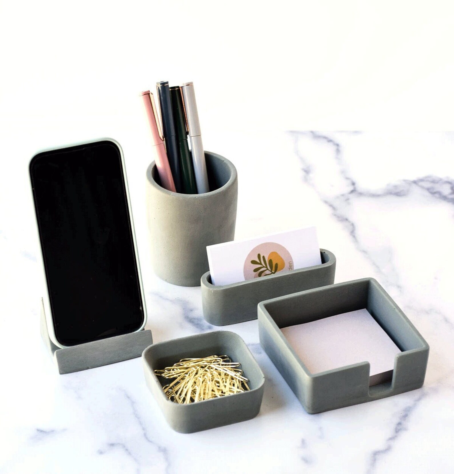 5 Piece Concrete Desk Organizer Set, Modern Office Decor, Minimalist ...
