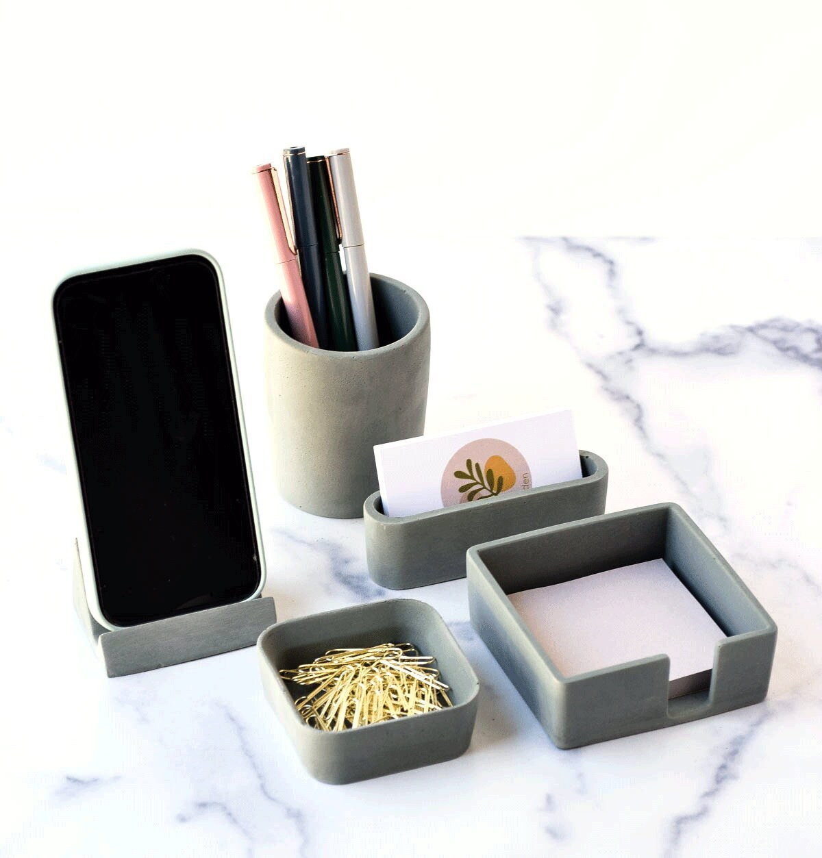 5 Piece Concrete Desk Organizer Set, Modern Office Decor, Minimalist ...