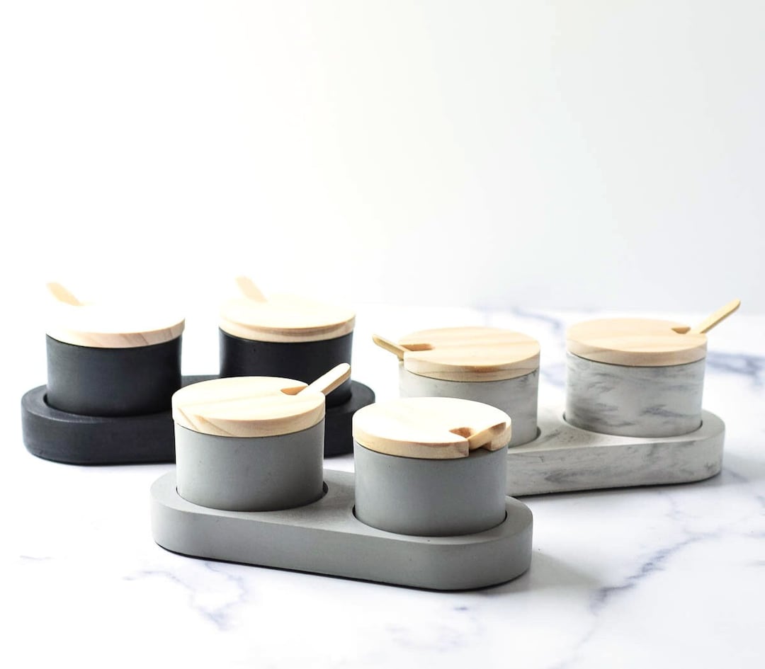 Concrete Salt and Pepper Cellar Set With Lids and Tray, Salt Pinch Bowl ...