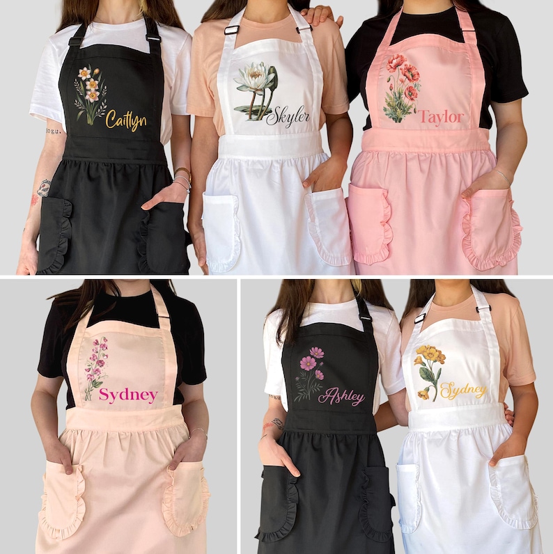 Birth Flower Apron With Name - Floral Ruffles With Pockets - Etsy