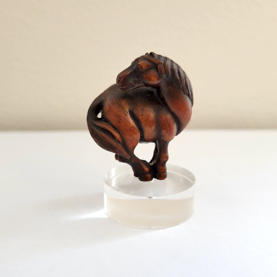 Vintage Japanese Netsuke Standing Horse on Acrylic Display Stand - Etsy