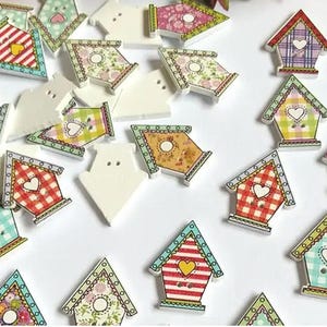 10 X Wooden Cartoon Bird House Buttons, Bird Box, Mixed Colours, Crafts ...
