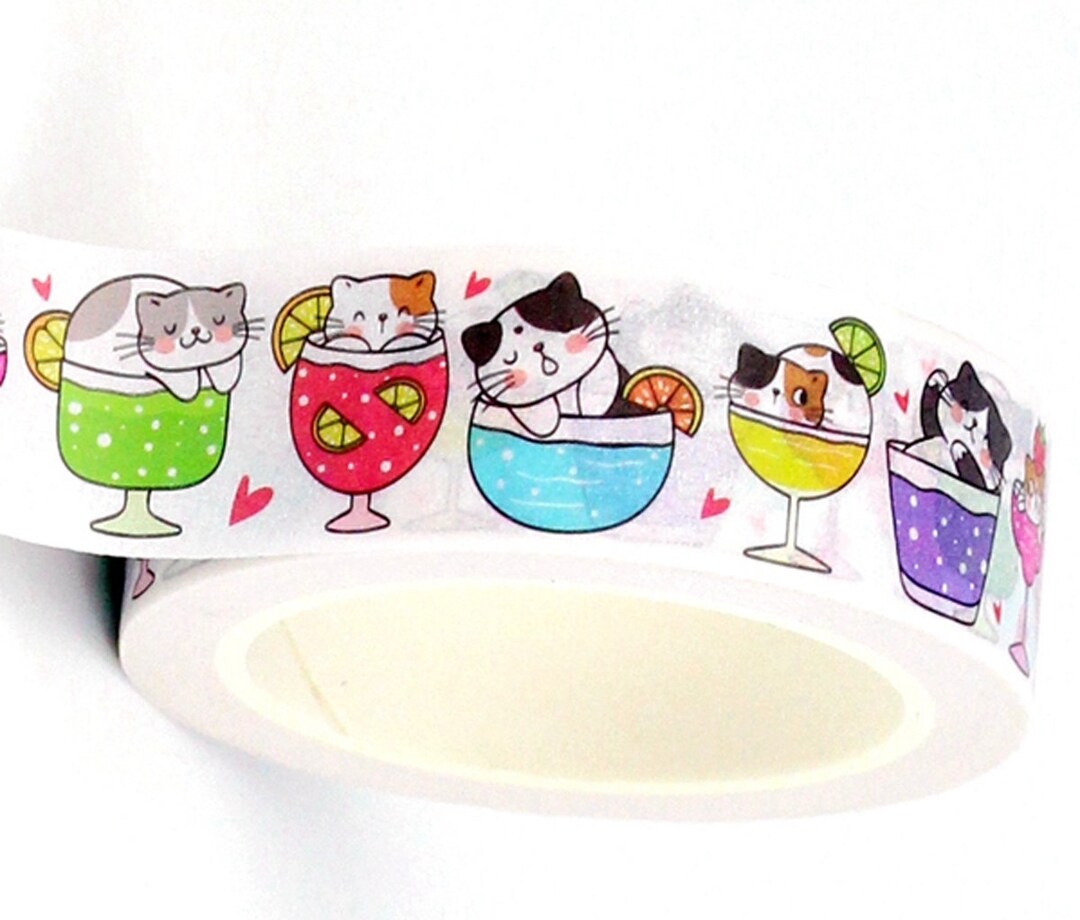 Cocktail Cat Pattern, Cute Kawaii Cats in Drinks Glasses Print Washi ...
