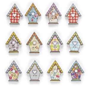 10 X Wooden Cartoon Bird House Buttons, Bird Box, Mixed Colours, Crafts ...