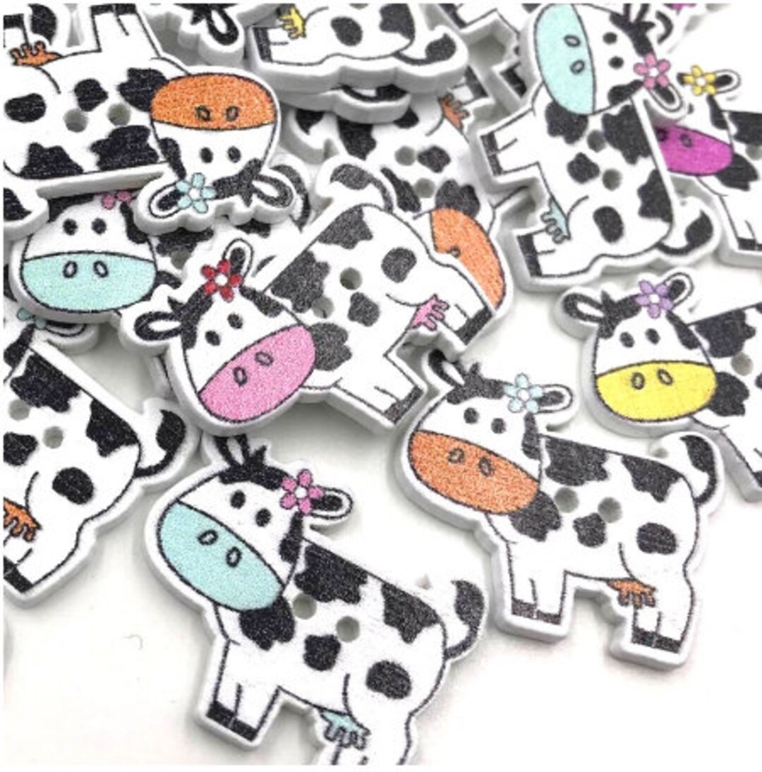 10 X Wooden Cartoon Cow Buttons, Mixed Colour, Moo Cows, Crafts/cards ...