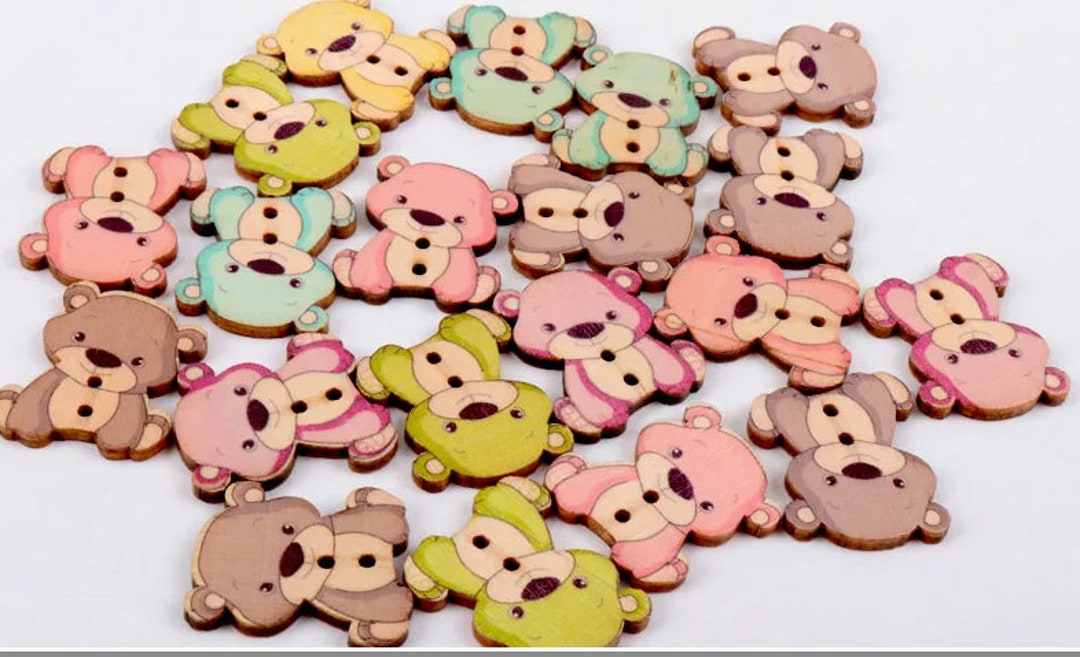 10 X Fun Colourful Wooden Teddy Bear Buttons, Mixed Colour Set, Sewing ...