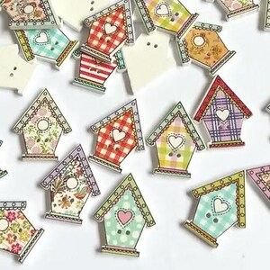 10 X Wooden Cartoon Bird House Buttons, Bird Box, Mixed Colours, Crafts ...