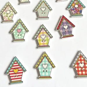 10 X Wooden Cartoon Bird House Buttons, Bird Box, Mixed Colours, Crafts ...