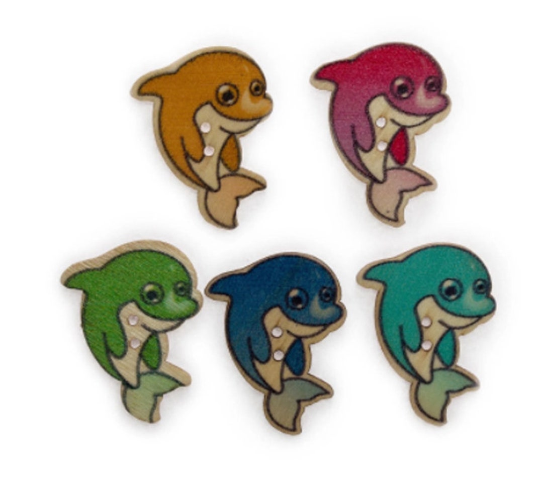 10 X Fun Wooden Dolphin Buttons, Cute Dolphins, Mixed Set of Colours ...