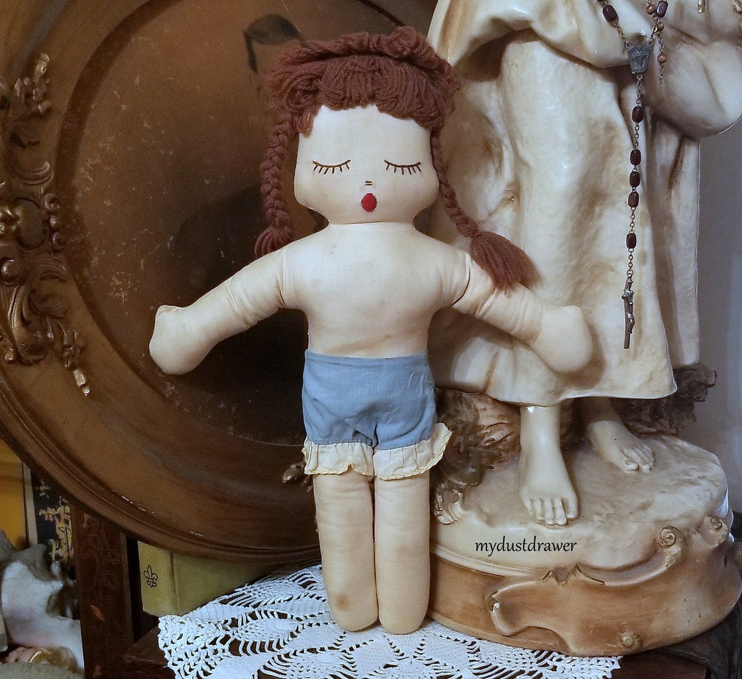 Vintage Sleep Awake HANDMADE RAG Cloth Doll Yarn Hair Embroidered Face ...