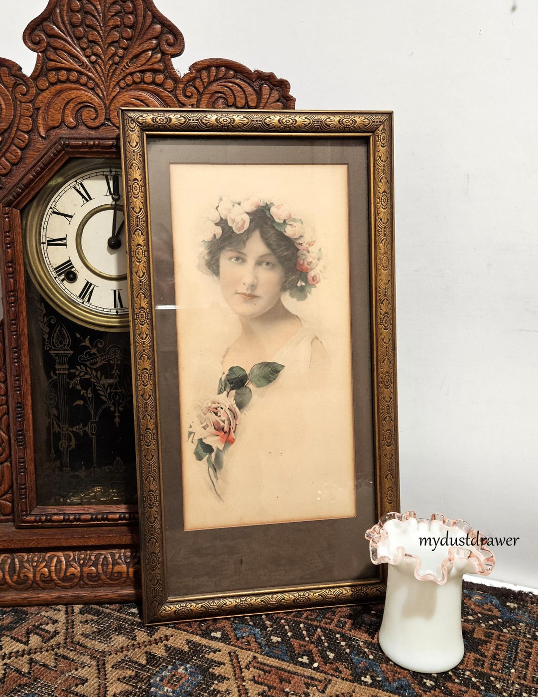 1920s Vintage Roses Crown Lady Print by C. E. Perry Framed 17 X 9 Rare ...
