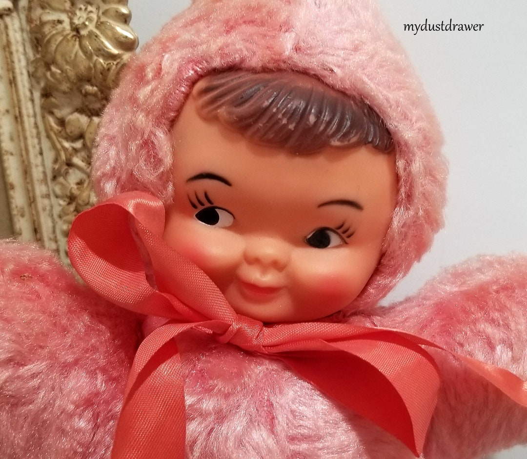 Vintage Pink Retro FUR BABY Doll With PLASTIC Face by Colombia Toy She is a Darling and ...
