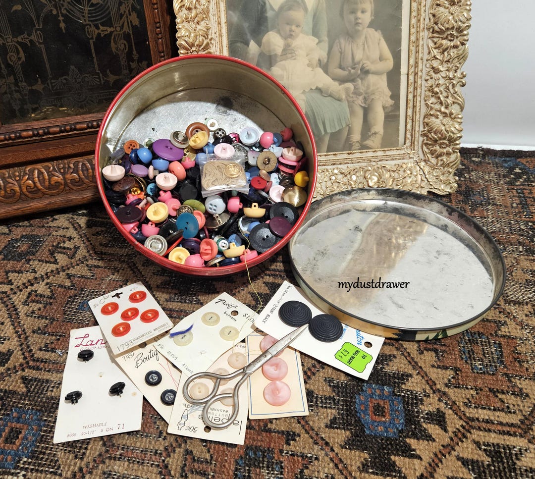 Vintage Sewing Tin FULL of Buttons Used & Unused, Scissors! Just Like ...