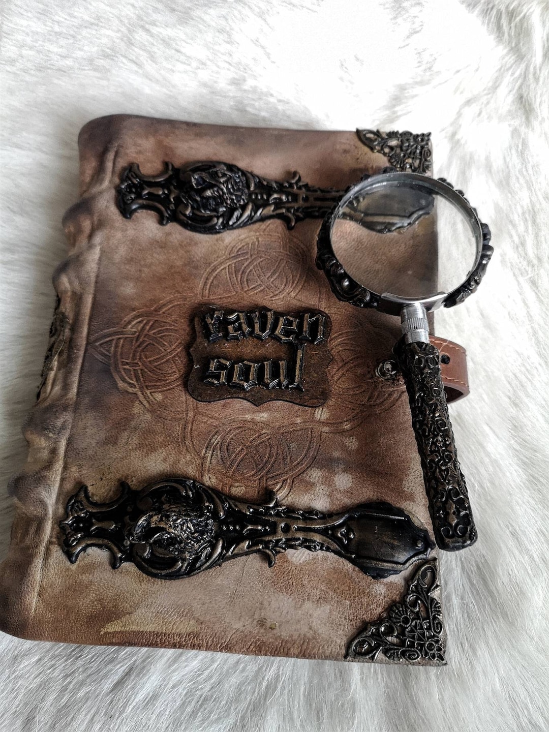 Raven Soul Leather Book/imprinted Raven Pages/ Magnifier Alchemy Book ...