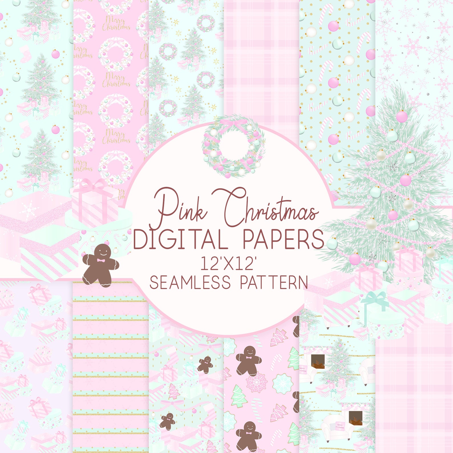 Pink Christmas Digital Papers, Pastel Christmas Seamless Pattern ...