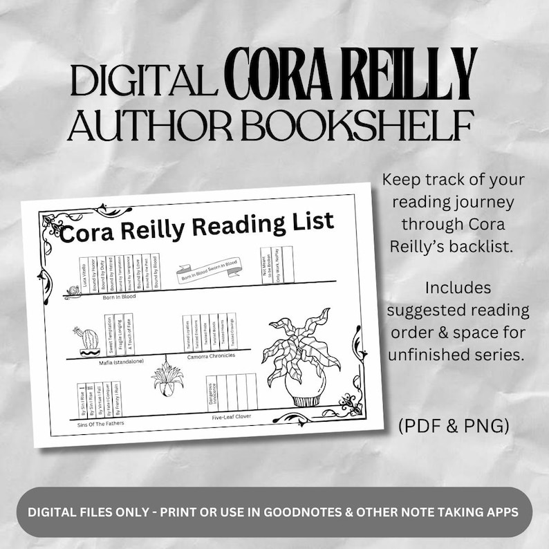 DIGITAL Bookshelf Tracker for Cora Reilly Backlist | Printable, PDF ...