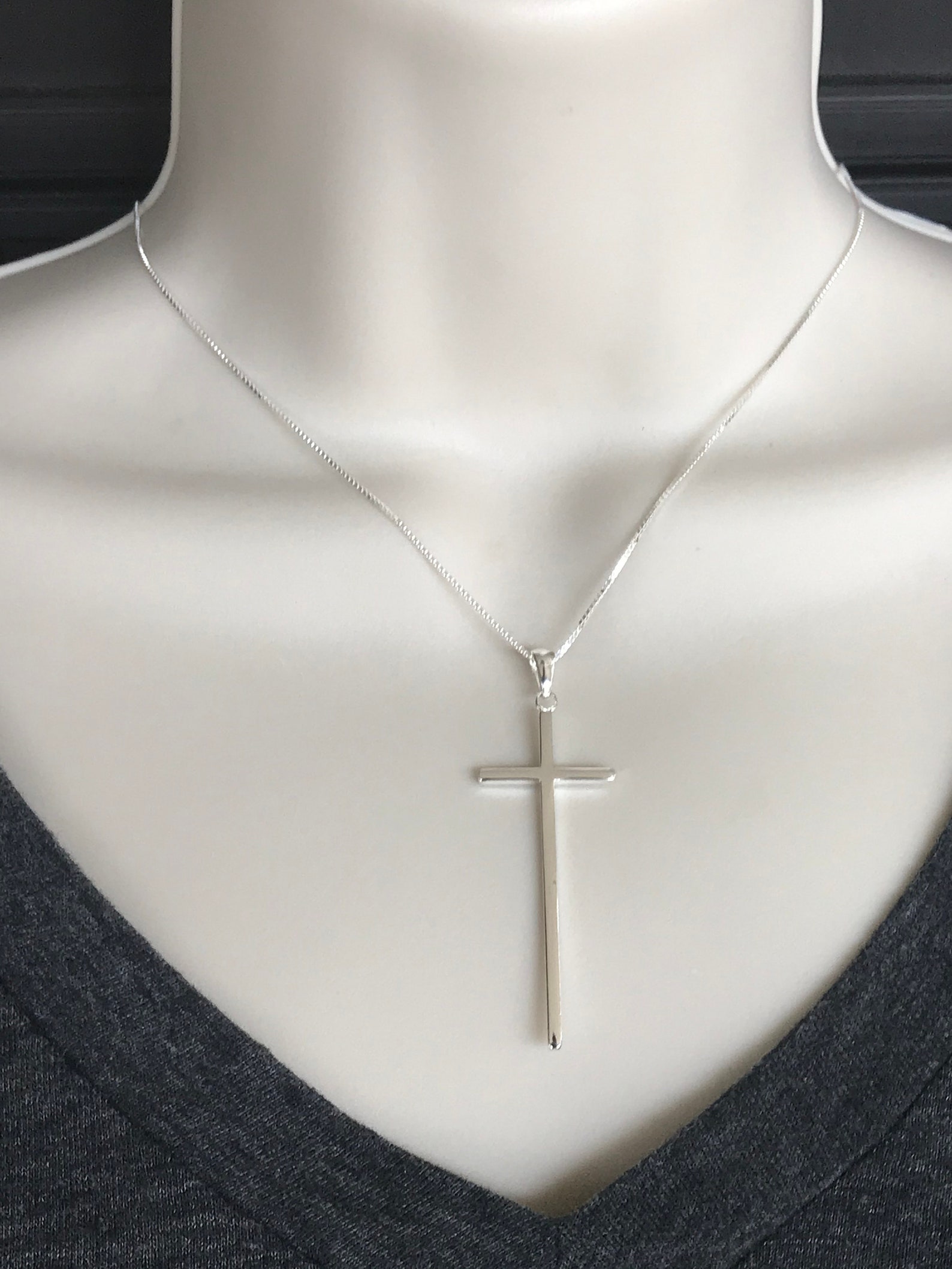 925 Sterling Silver Long Cross Necklace Pendant Chain Necklace - Etsy